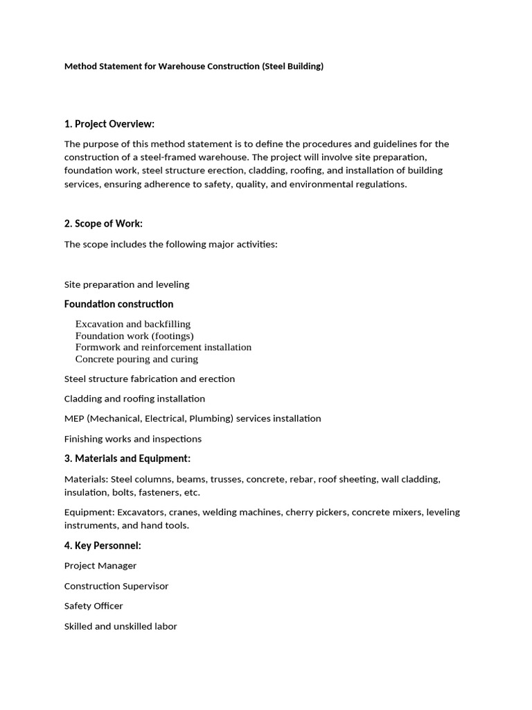 Method Statement For Warehouse Construction | PDF