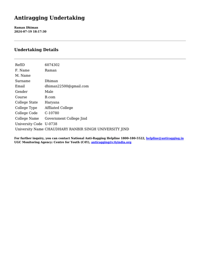 Anti Ragging Affidavit Form | PDF