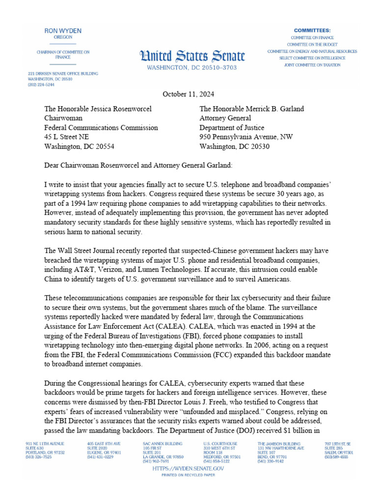 Wyden Letter To FCC Doj On Wiretapping Systems Hackpdf | PDF