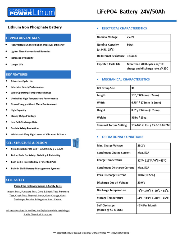 24V - 50ah - Lithium Battery Data - Sheet by Sustech 20240722 | PDF