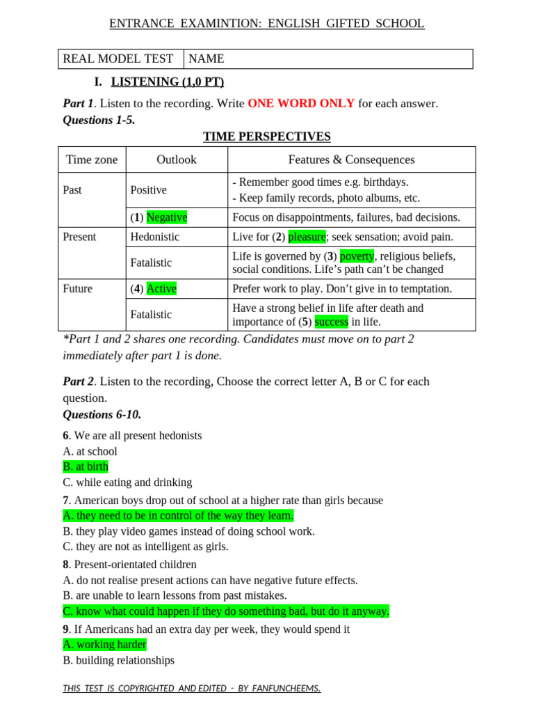 Sample of Entrance Exam - Answer Keys | PDF