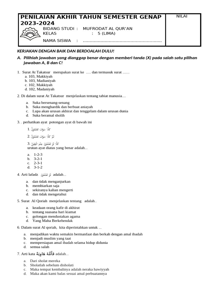 PAT MQ KELAS 5 SEMESTER GENAP 2023 | PDF