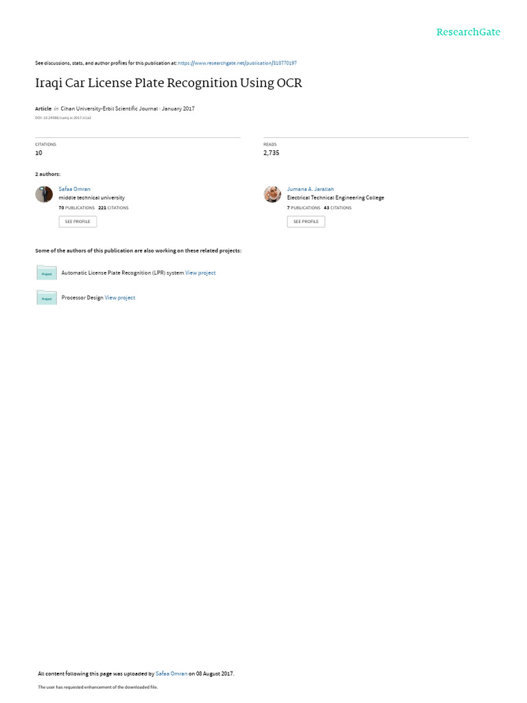 Iraqi Car License Plate Recognition Using OCR | PDF