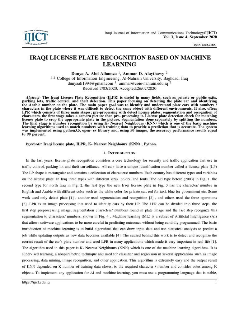 Iraqi License Plate Recognition Based On Machine Pdf