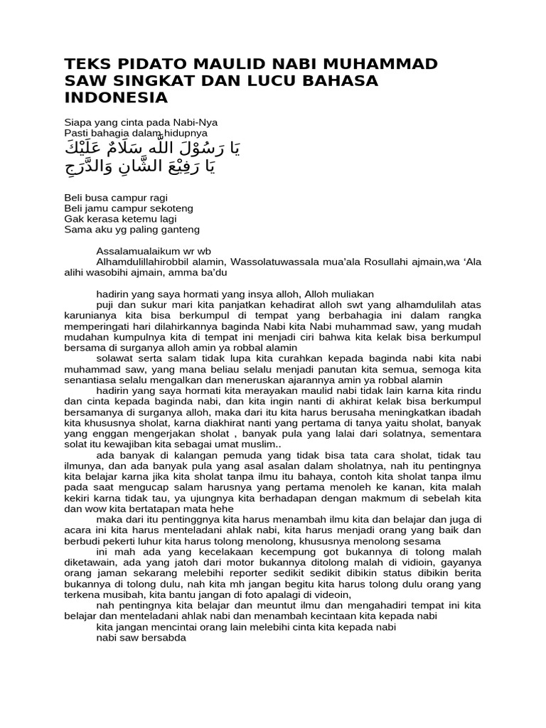 Teks Pidato Maulid Nabi Muhammad Saw Singkat Dan Lucu Bahasa Indonesia | PDF