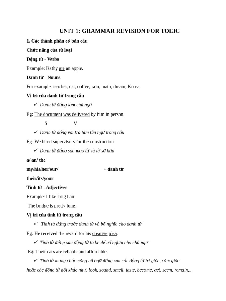 Unit 1: Grammar Revision For Toeic: 1. Các thành phần cơ bản câu Chức năng của từ loại Động từ ...