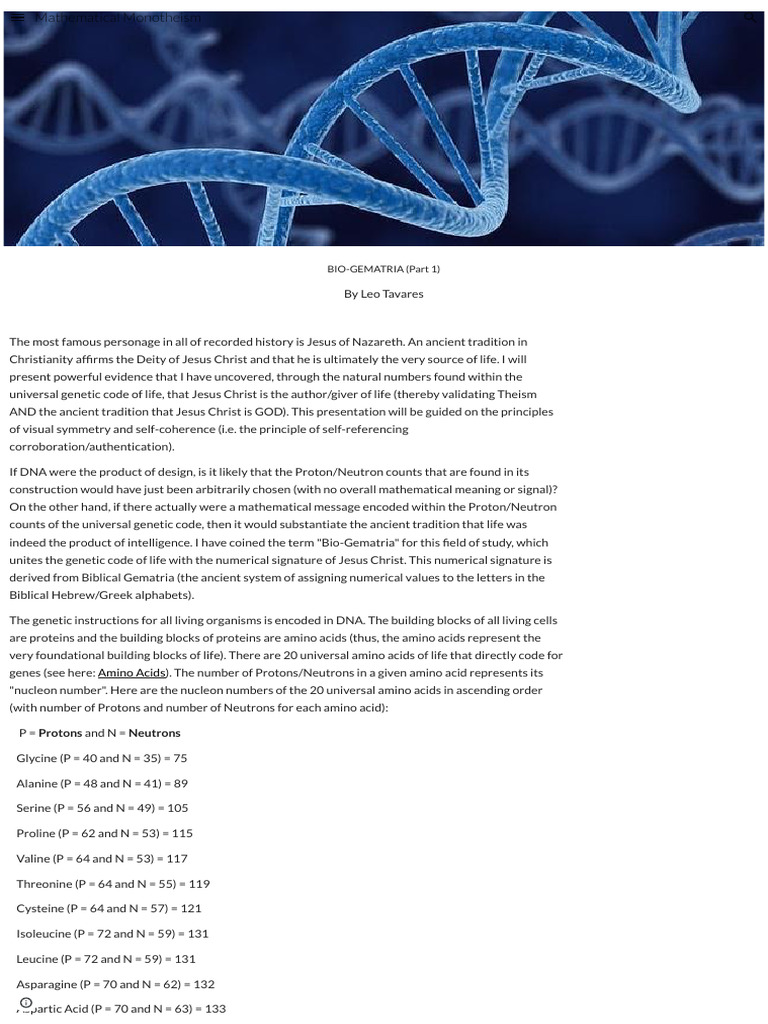 Mathematical Monotheism - BIO-GEMATRIA - PROOF OF GOD IN DNA (Par | PDF