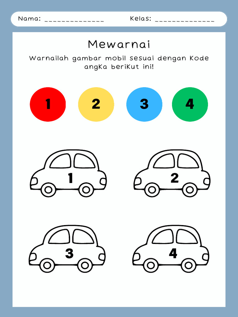 Lembar Kerja Mewarnai Gambar Mobil Sesuai Kode Angka Abu Putih | PDF