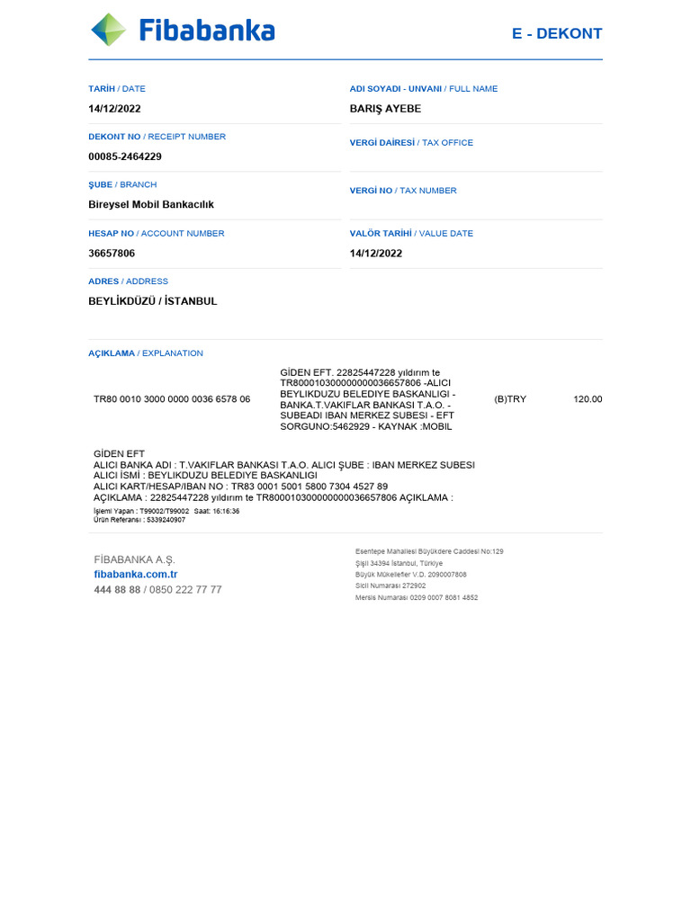 E - Dekont: 14/12/2022 Bariş Ayebe | PDF