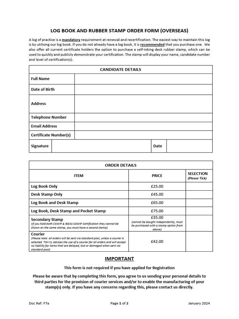 Bgas Cswip Log Book and Stamp Order Form Overseas v5 | PDF