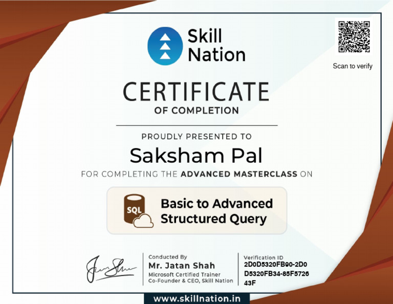 Basic To Advanced SQL Your Certificate For Basic To Advanced SQL ...