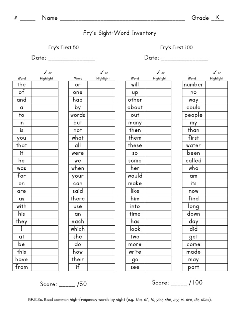 Frys First 100 Sight Words Inventory | PDF