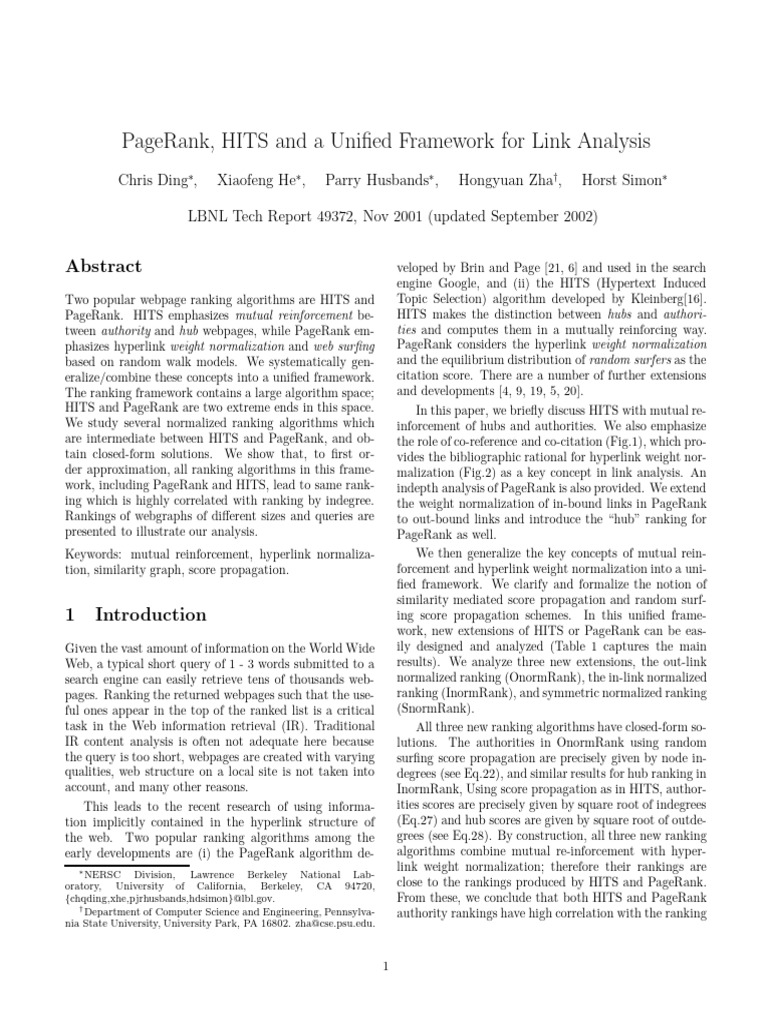 Pagerank, Hits and A Unified Framework For Link Analysis | PDF