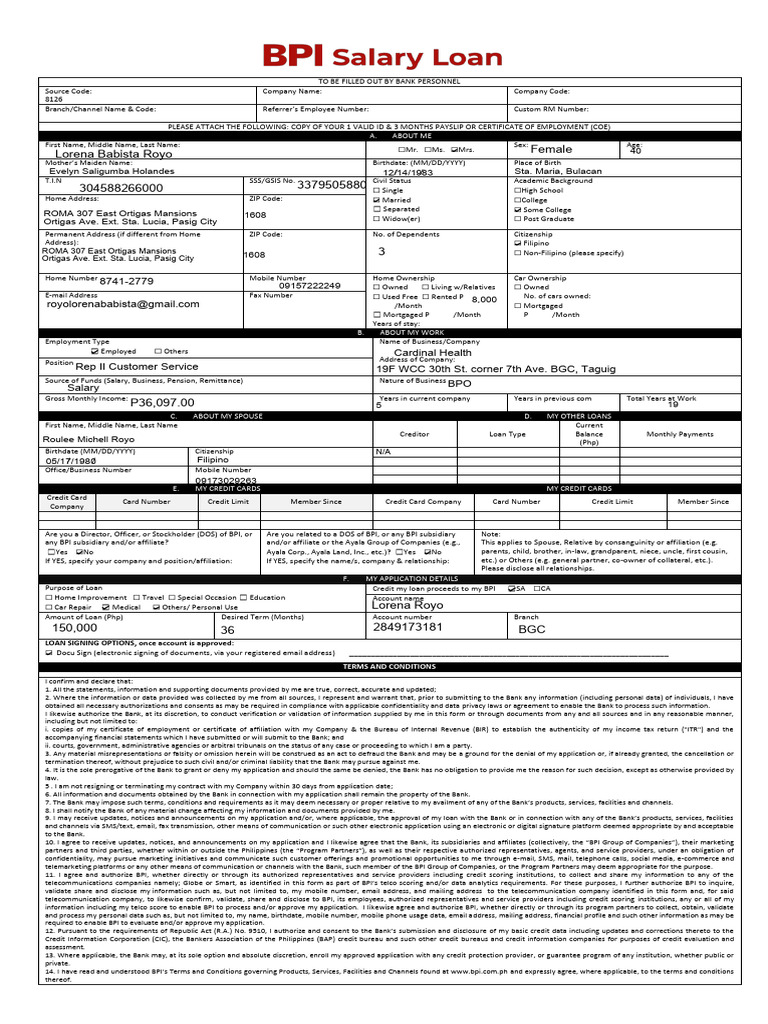 BPI Salary Loan Application Form | PDF | Banks | Credit Bureau