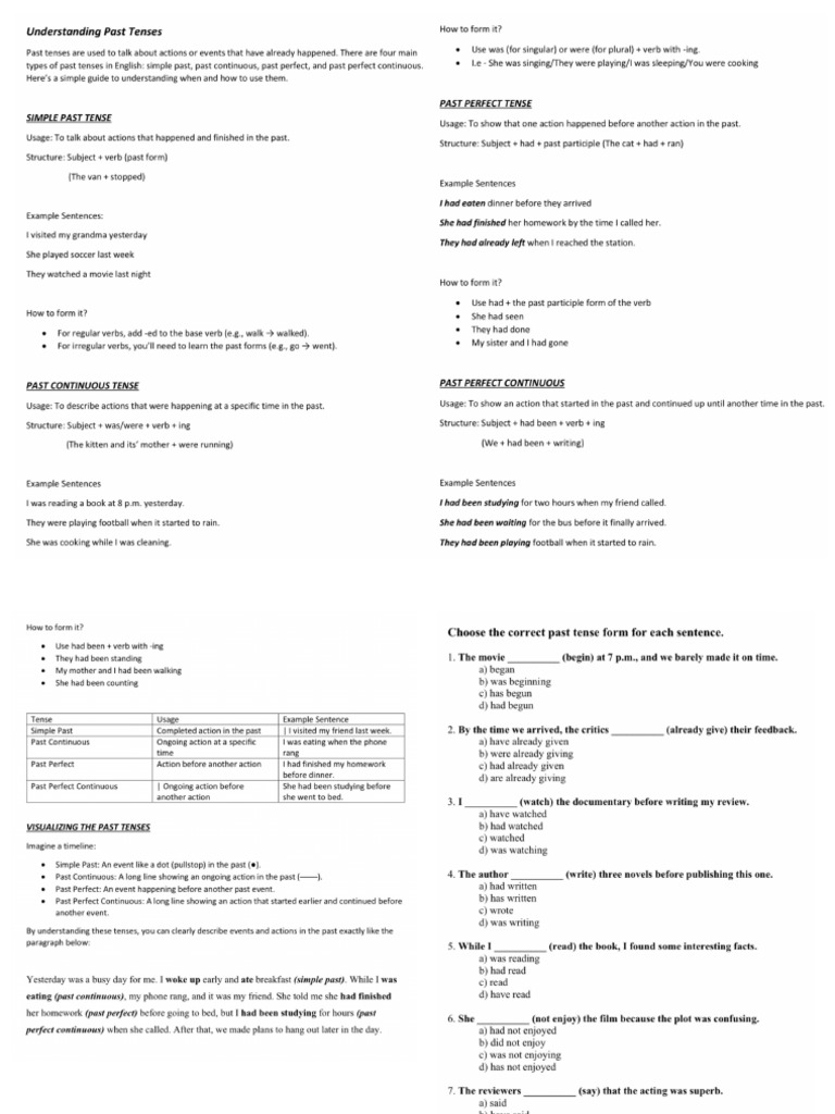 Past Tenses Notes and Exercise | PDF