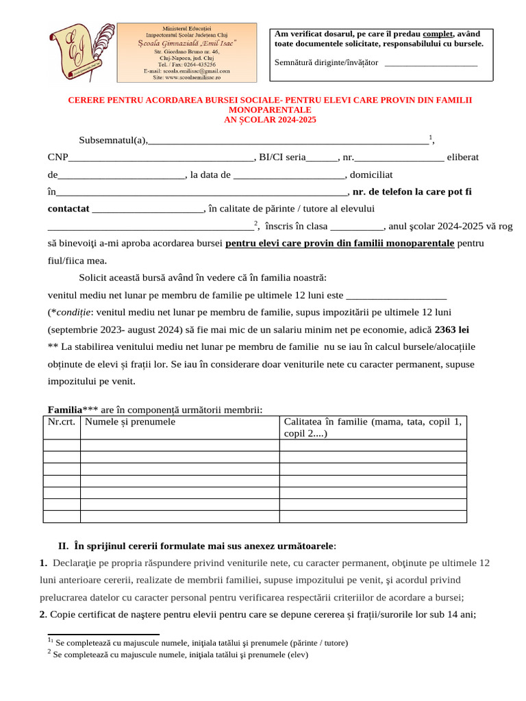Cerere Si Declaratie Bursa de Ajutor Social de Monoparentali Inceput de An Scolar 2024-2025 | PDF