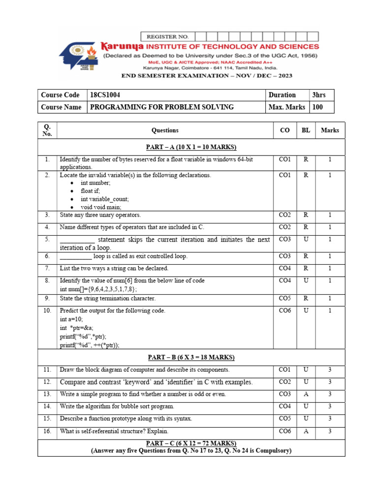 Course Code 18CS1004 Duration 3hrs Course Name Programming For Problem ...