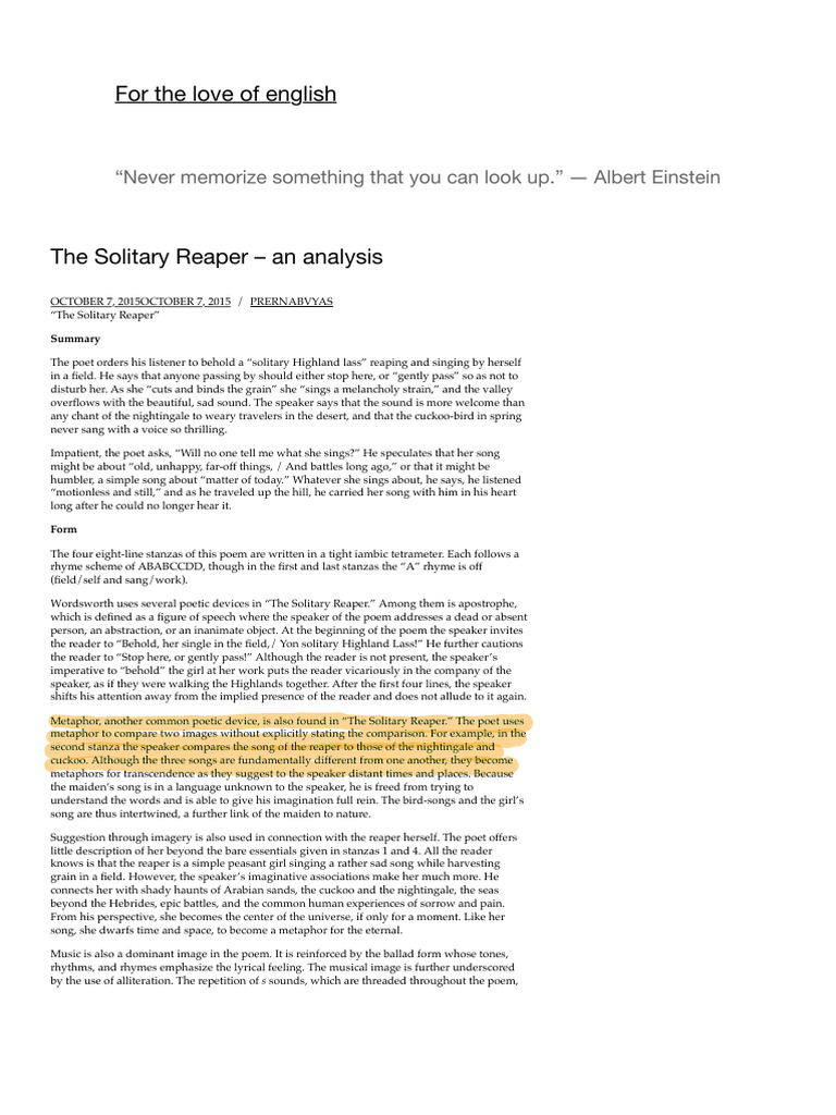 The Solitary Reaper - An Analysis - For The Love of English | PDF ...