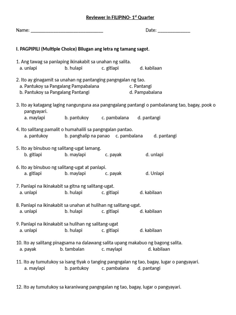 1st Quarter Filipino 6-Reviewer | PDF | Language Arts & Discipline