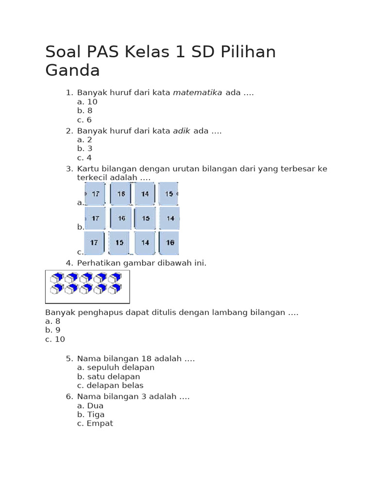 Soal PAS Kelas 1 SD Pilihan Ganda: Matematika | PDF