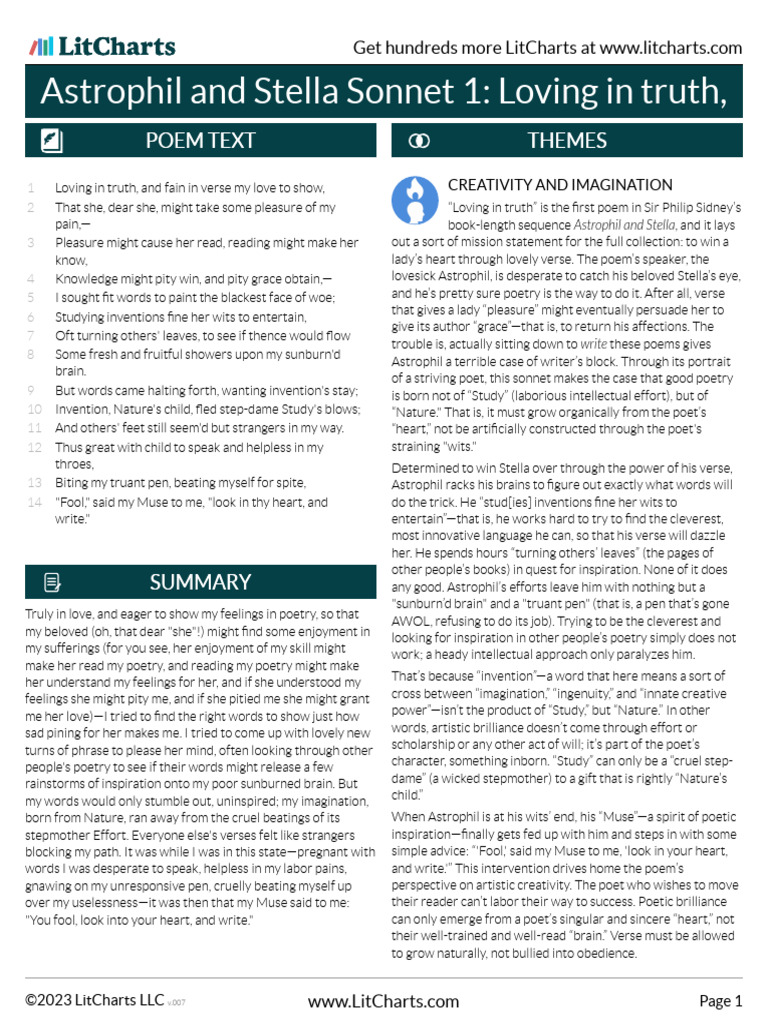 LitCharts Astrophil and Stella Sonnet 1 Loving in Truth and Fain in ...