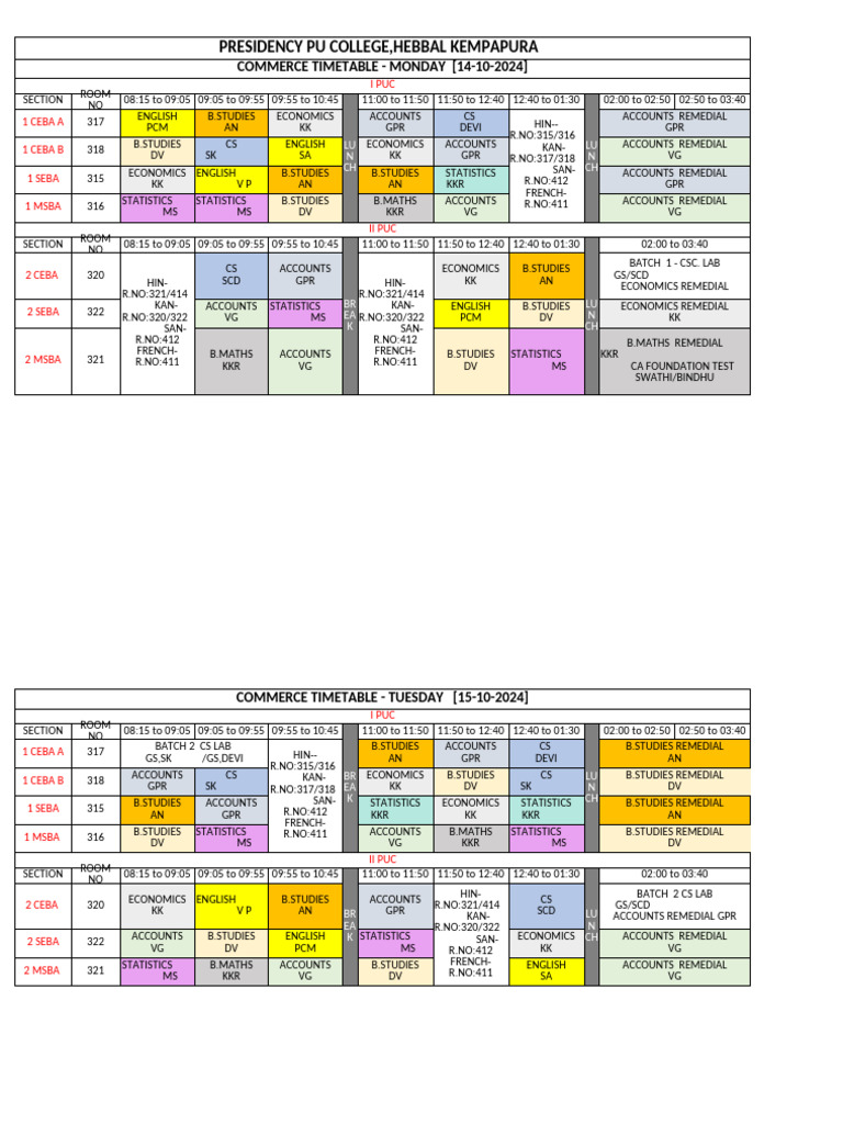 Commerce Timetable From 14-10-2024 to 18-10-2024 | PDF