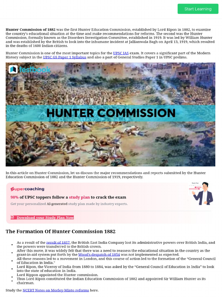 Hunter Commission (1882 & 1919) - Formation & Objectives for UPSC | PDF
