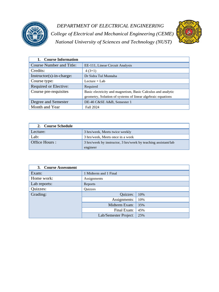 LCA Course Outline NUST CEME | PDF