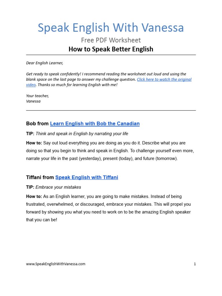 Speaking Tips Speak English With Vanessa | PDF
