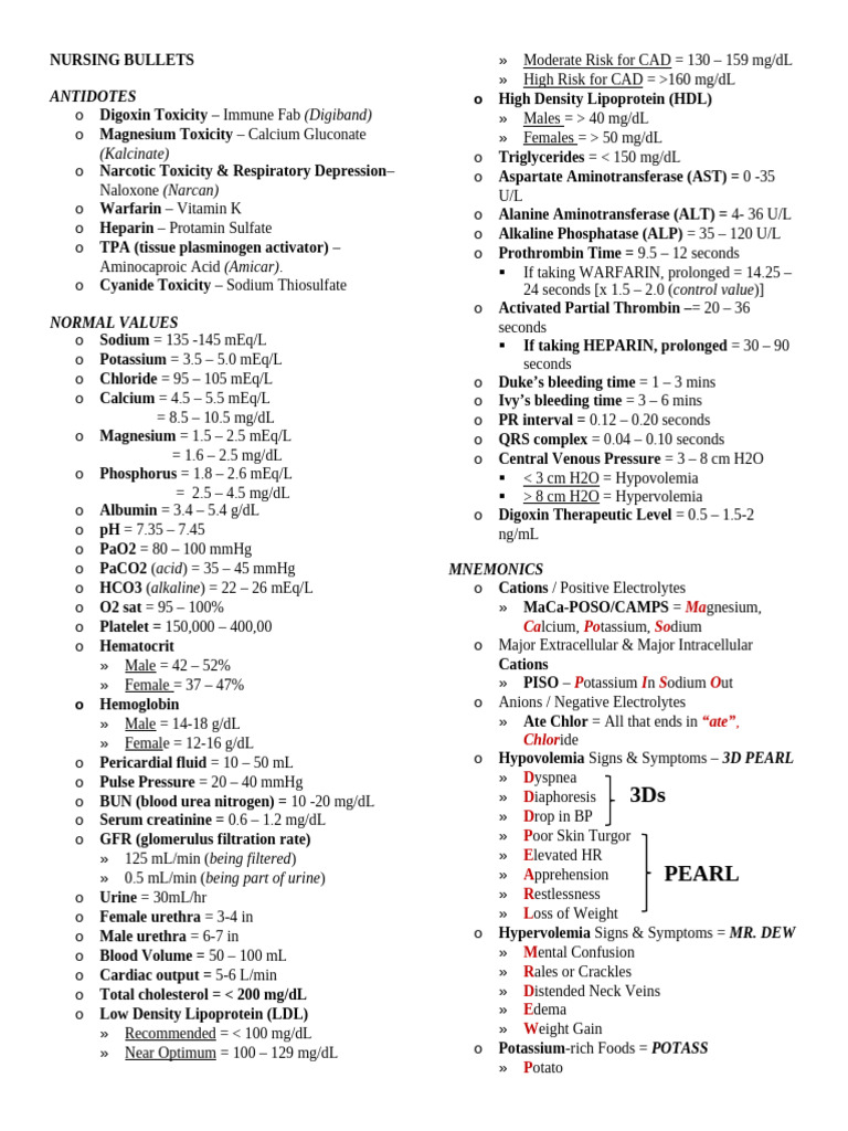 Nursing Antidotes and Normal Values Guide | PDF | Magnesium | Wellness