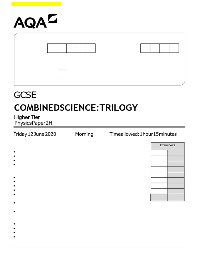 Aqa Gcse Combined Science Trilogy Higher Tier Physics Paper 2h 2020 QP | PDF | Velocity | Mechanics