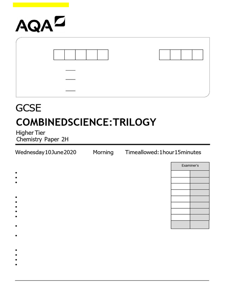 Aqa Gcse Combined Science Trilogy Higher Tier Chemistry Paper 2h QP ...