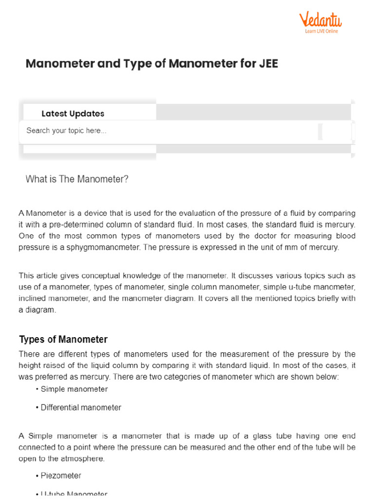 Manometer And Type Of Manometer For Jee Pdf
