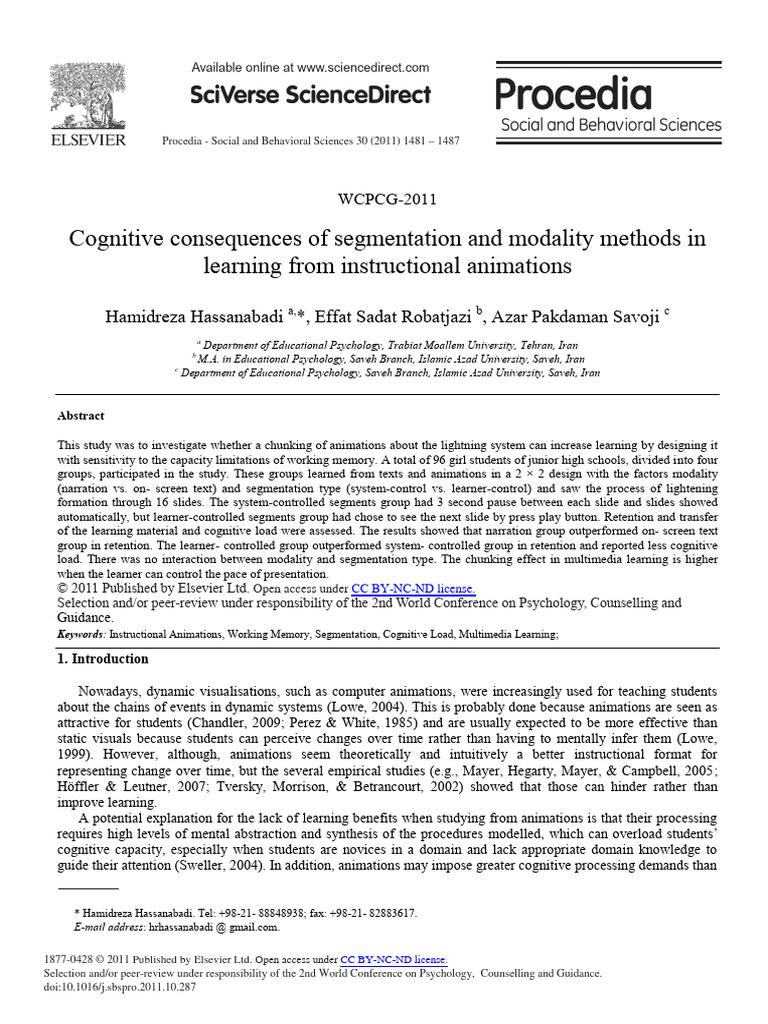 Cognitive Consequences of Segmentation and Modality Methods in | PDF
