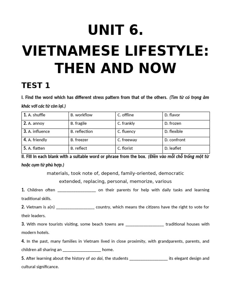 Unit 6. Vietnamese Lifestyle - Then and Now | PDF