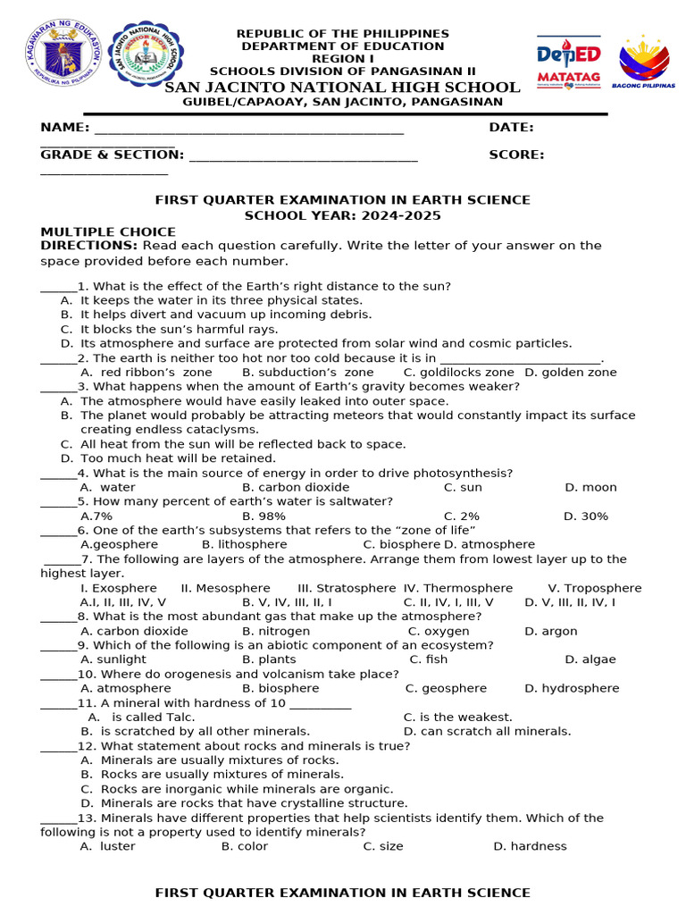 1st QUARTER EXAM IN EARTH SCIENCE | PDF | Rock (Geology) | Minerals