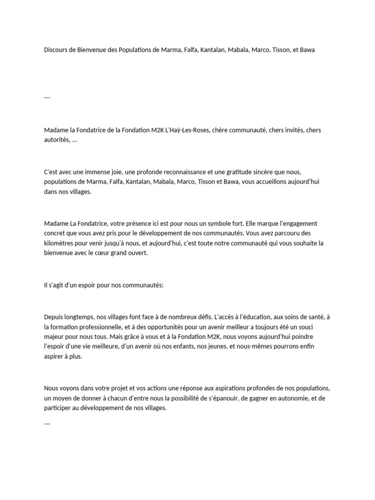 Discours de mot de bienvenue | PDF