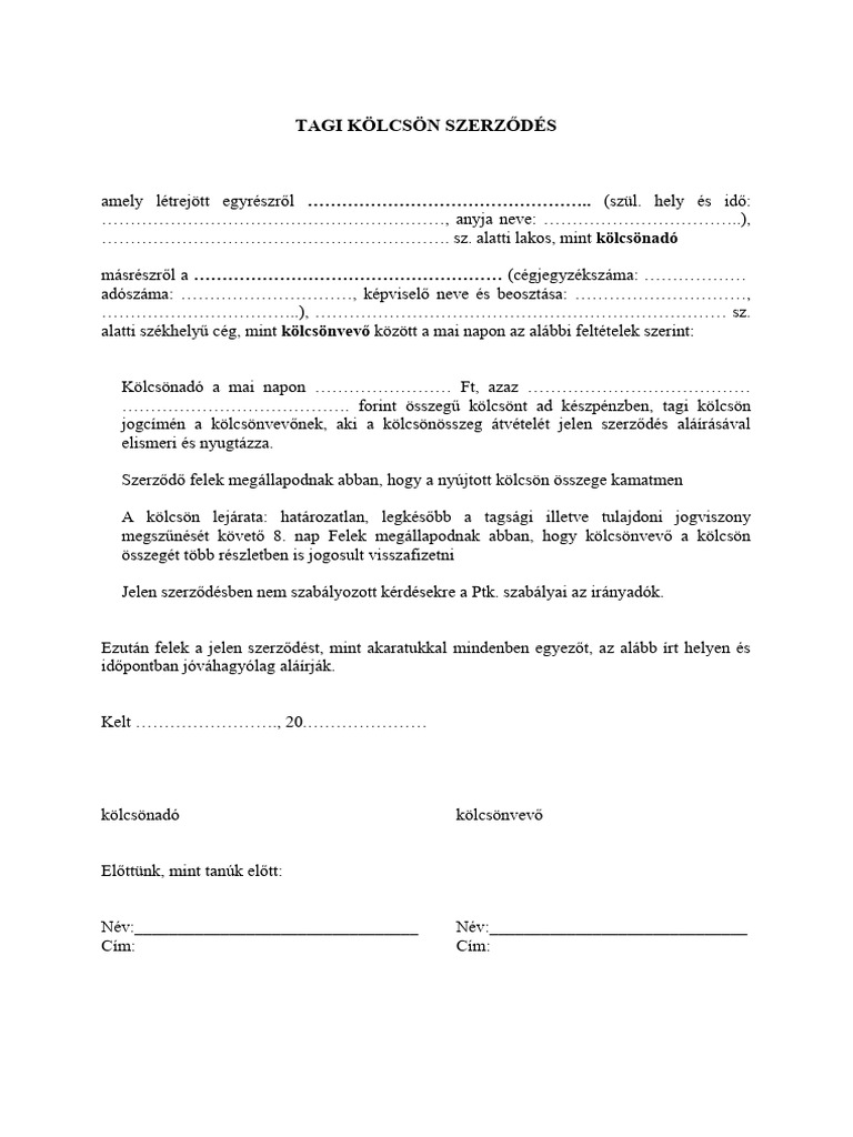 Tagi Kolcson Szerzodes Minta Pdf