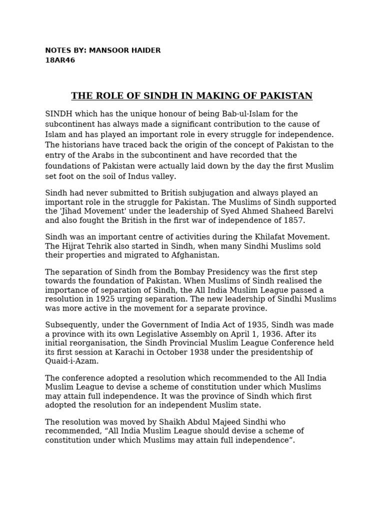 THE ROLE OF SINDH IN MAKING OF PAKISTAN | PDF