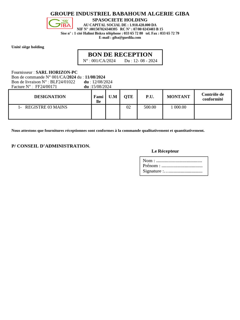 Bon de Reception: Groupe Industriel Babahoum Algerie Giba | PDF