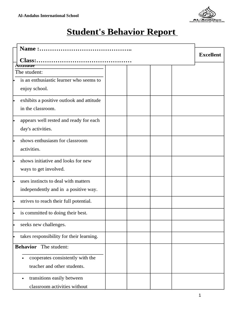 Student Behavior Form | PDF