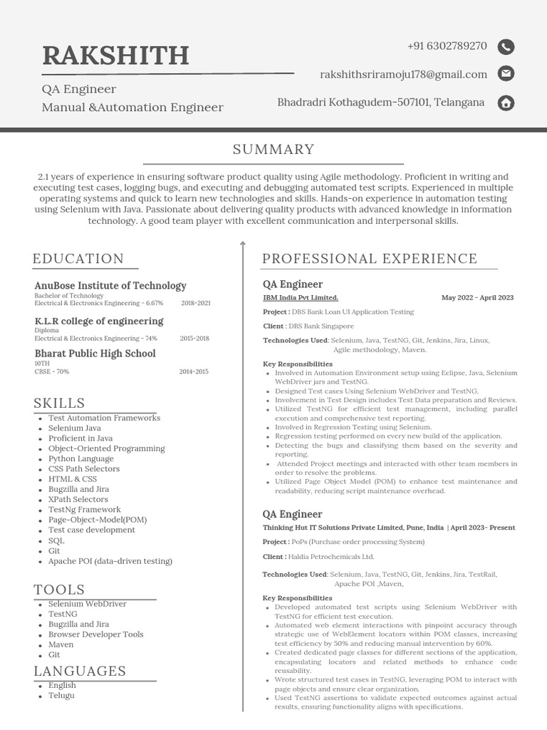 Rakshith Resume2 | PDF | Selenium (Software) | Software Testing