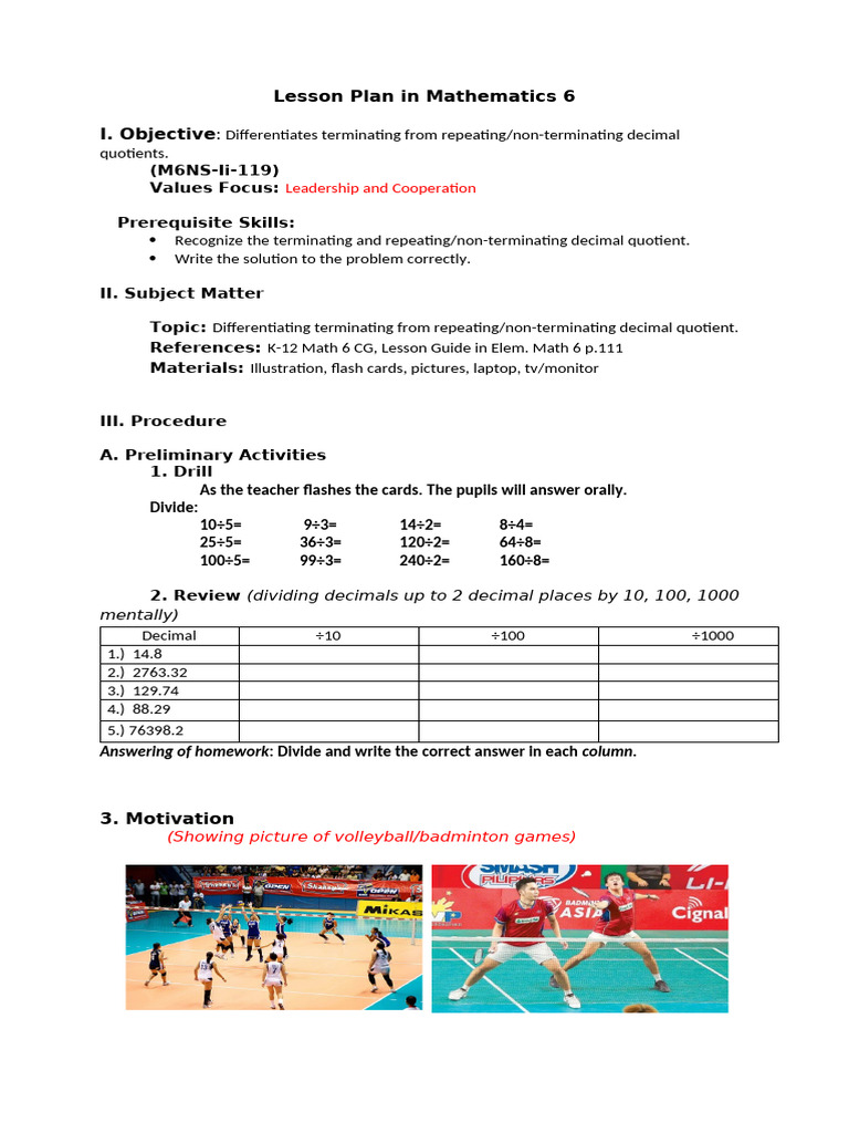 CO Lesson Plan in Mathematics 6 ELS Final A | PDF
