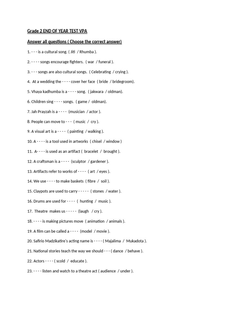 Grade 2 End of Year Test VPA | PDF
