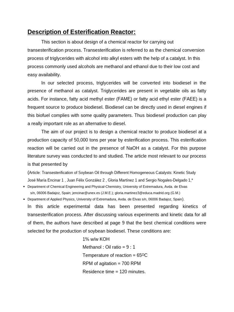 Design of Esterification Reactor for Biodiesel | PDF | Ester | Wellness