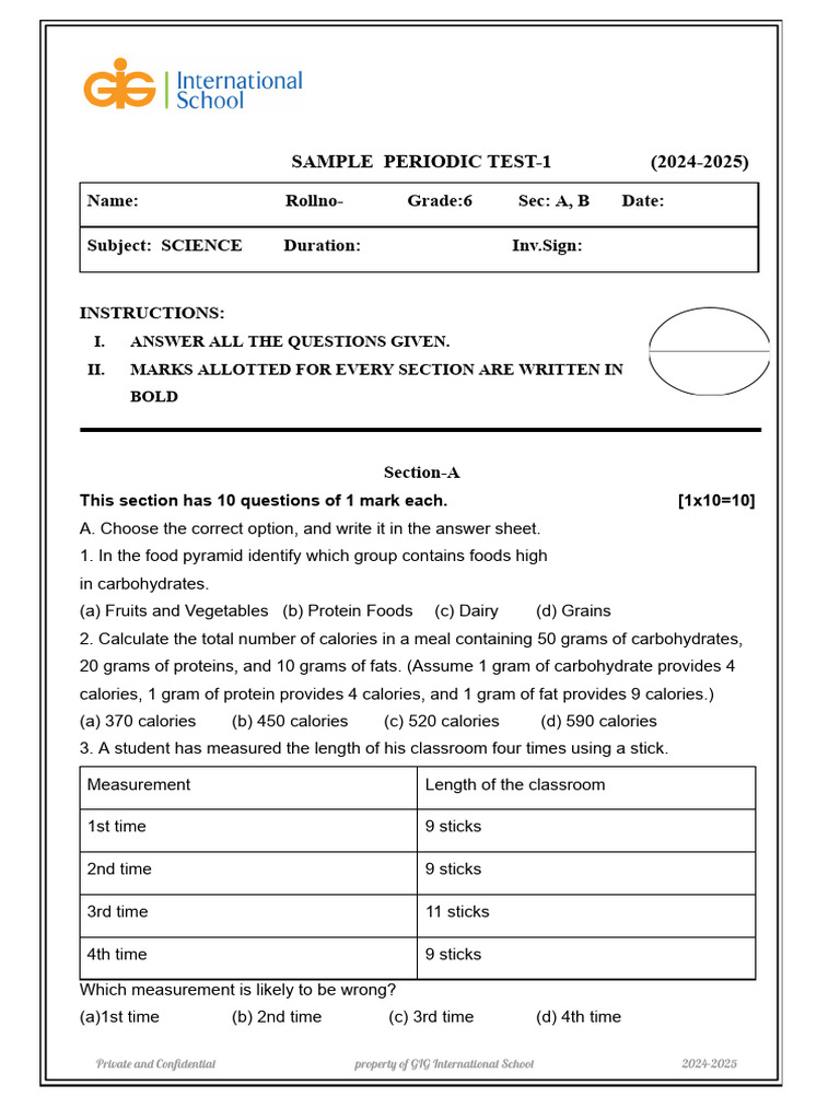 G6 - SC - Sample Question Paper PT-1 | PDF | Foods | Science & Mathematics