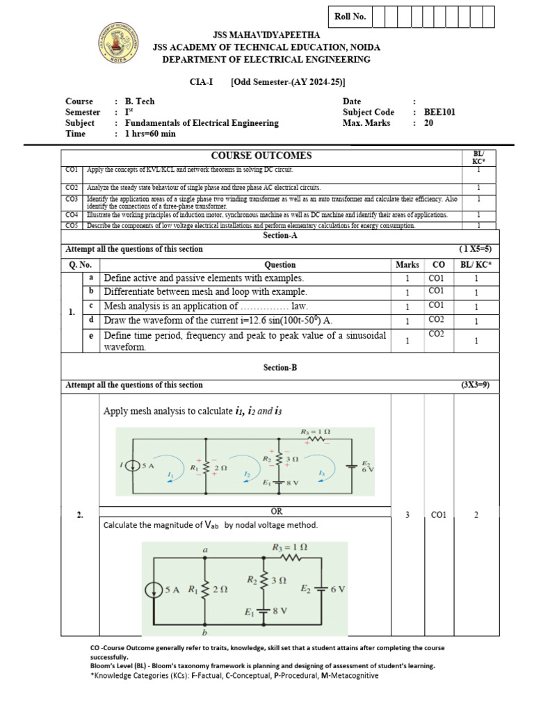 Sample Question Paper CIA 1 | PDF | Electrical Network | Teaching ...