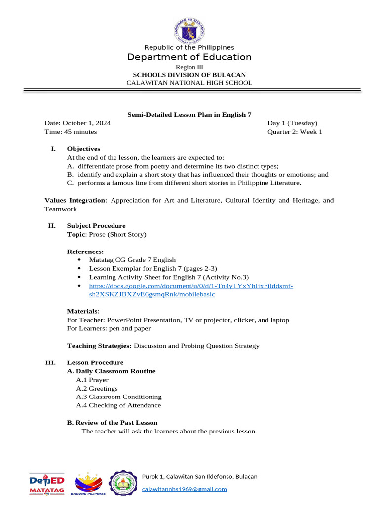 English 7 Lesson Plan: Prose vs Poetry | PDF | Lesson Plan | Foreign Language Studies