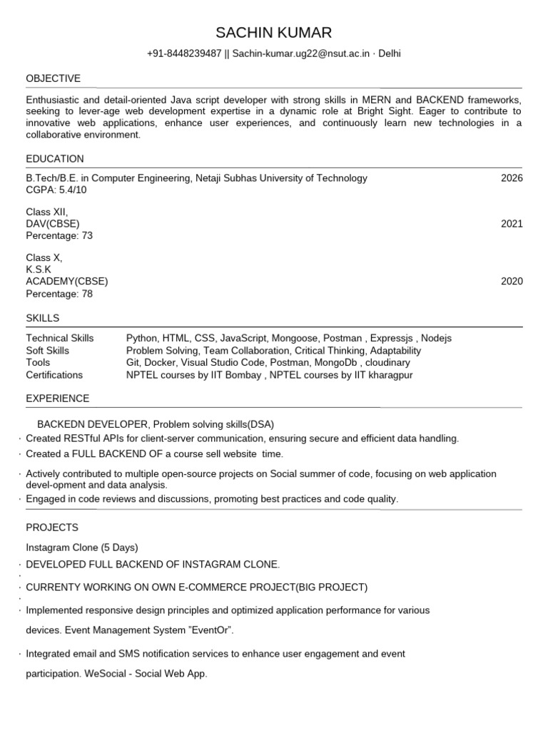 CV - Sachin Kumar | PDF
