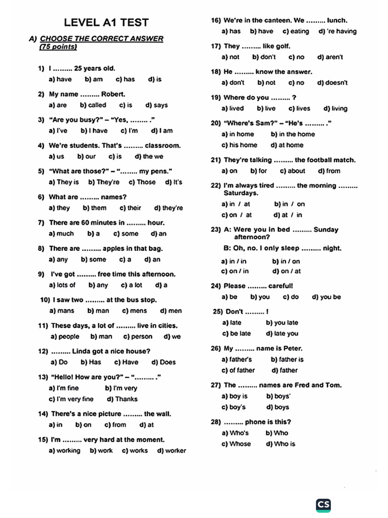 Placement Test Level A1 | PDF